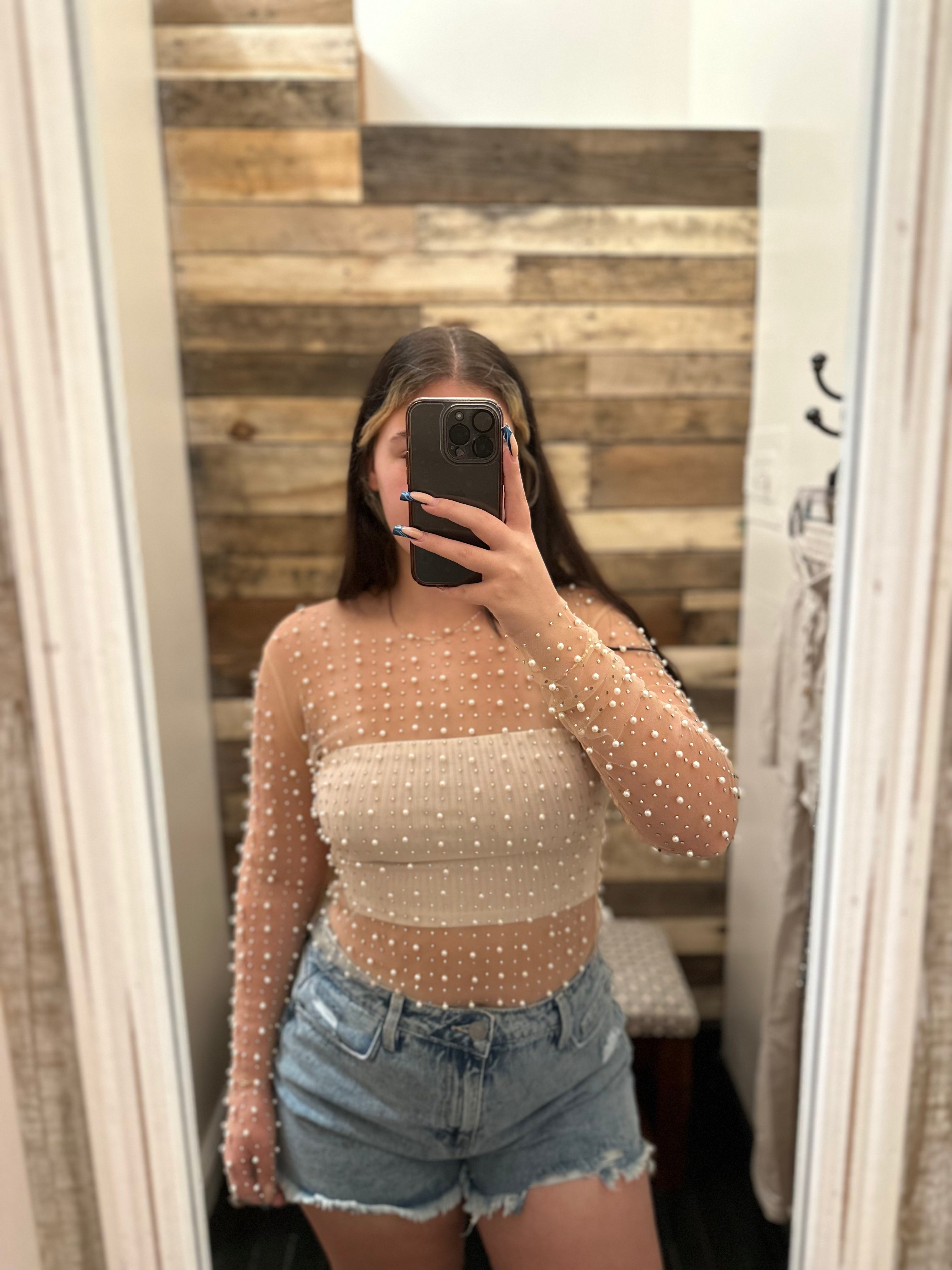 Pearl Beaded Mesh Top – Perfect Little Peach